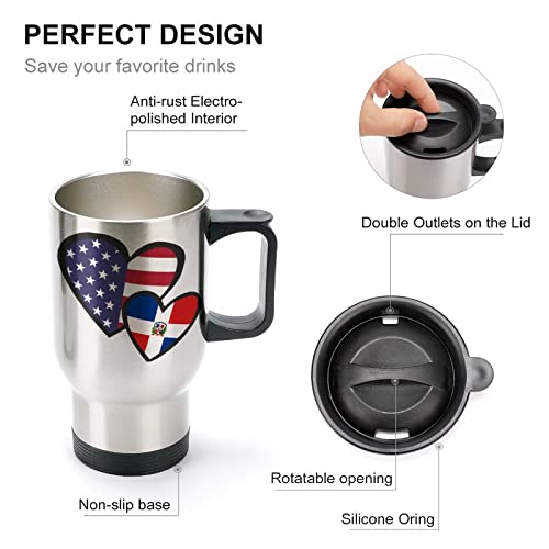 Interlocking Hearts USA Dominican Republic Flag 14 Oz Travel Coffee Mug Stainless Steel Vacuum Insulated Cup with Lid