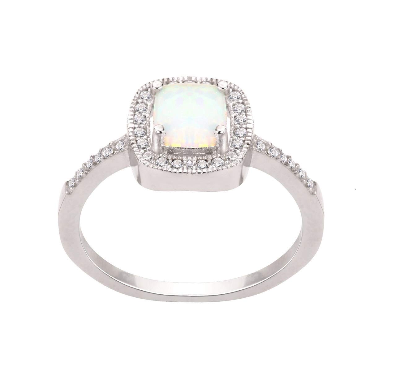 CloseoutWarehouse White Simulated Opal Princess Halo Ring Sterling Silver Size 14