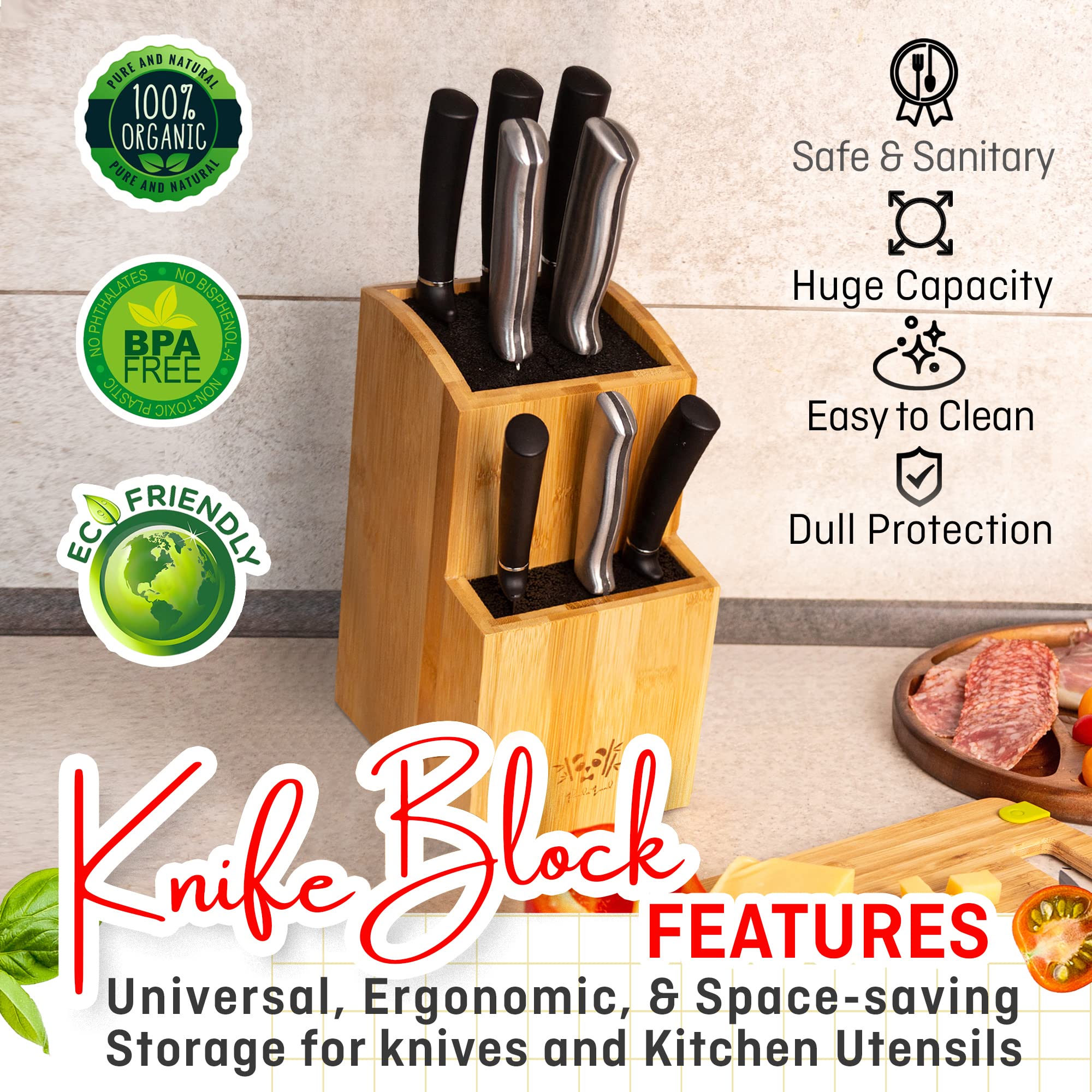 PANDA LAND Bamboo Universal Knife Block Without Knives | Upto 20 Knives Extra Large Capacity Kitchen Knife Organizer | Kitchen Knife Holder for Counter Top Knife Block Set Kitchen Gadgets Utensils
