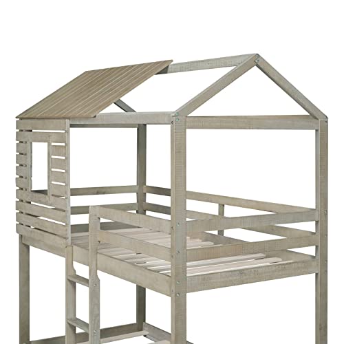 Mesnt Twin Bunk Bed Frame | Twin Over Twin Bunk Bed Wood Loft Bed with Roof, Window, Guardrail, Ladder Antique Gray