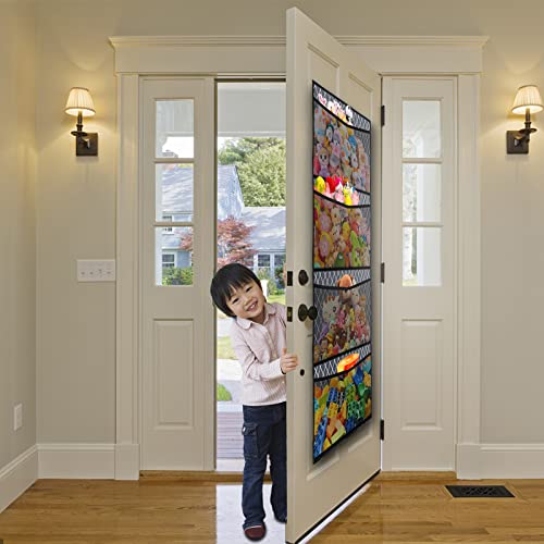 Stuffed Animal Storage,Hanging Stuffed Animal Storage,Plush Toy Storage Bag 4 Extra Large Capacity Breathable Grids with 4 Metal Door Head Hooks and Self Adhesive Wall Hooks for Toys, Clothes
