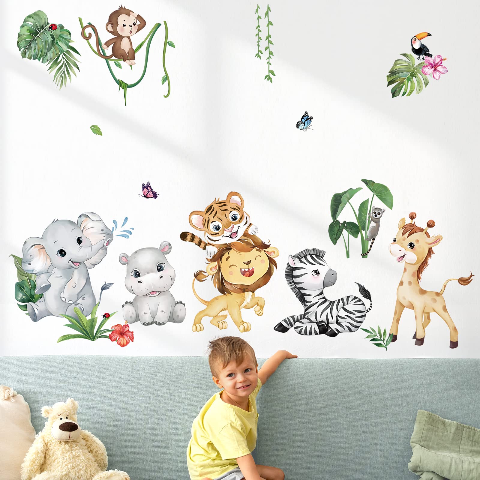 decalmile Jungle Animals Wall Decals Elephant Lion Giraffe Safari Wall Stickers Baby Nursery Kids Room Living Room Wall Decor