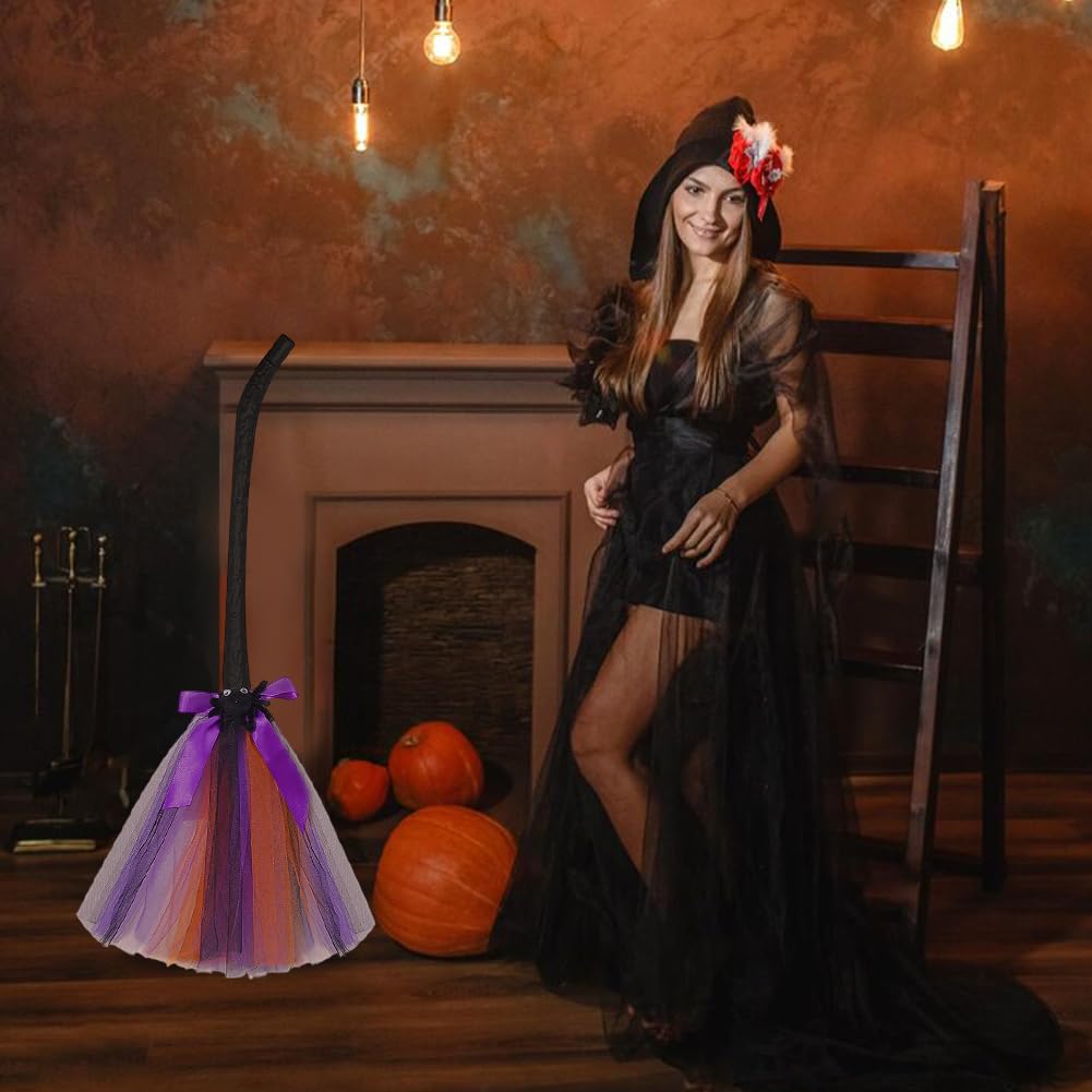 Halloween Witch Broom, 42'' Witch Broomstick Wizard Flying Gauze Broom, Witch Accessories Witch Decor for Cosplay Broom Props Dress up Halloween Party Decorations(A)