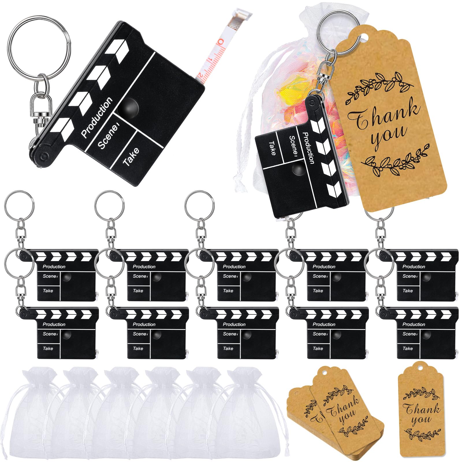 Herdear Movie Night Party Favors Director Clapboard Tape Measure Keychain Thank You Tag Organza Gift Bag for Movie Theatre Party Supplies Wedding Birthday Film Cast Party Decor(12 Sets)