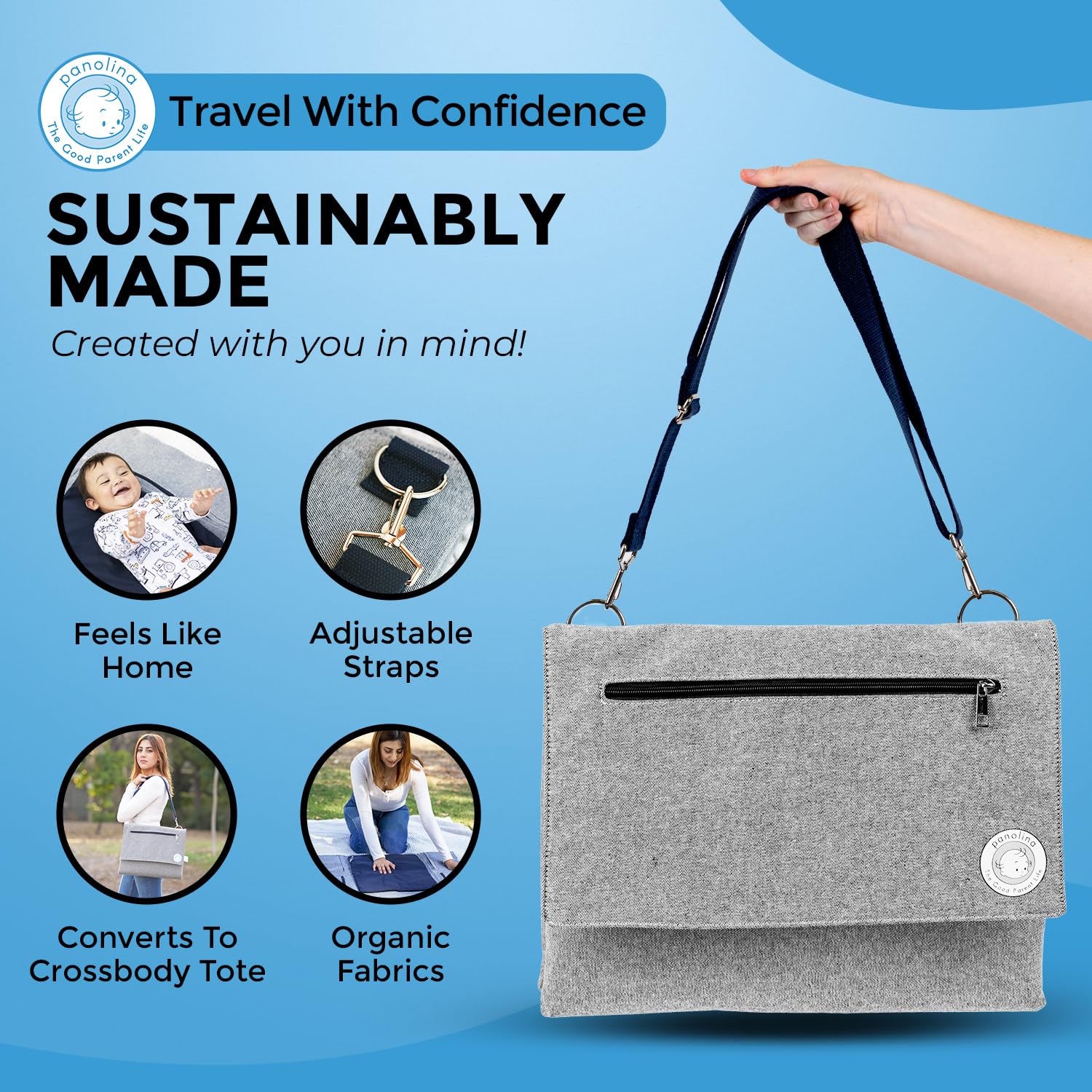 Panolina Tote Diaper Bag with Baby Changing Station - Cute Travel Diaper Bag with Organizing Pouches and Stroller Straps in Messenger Style