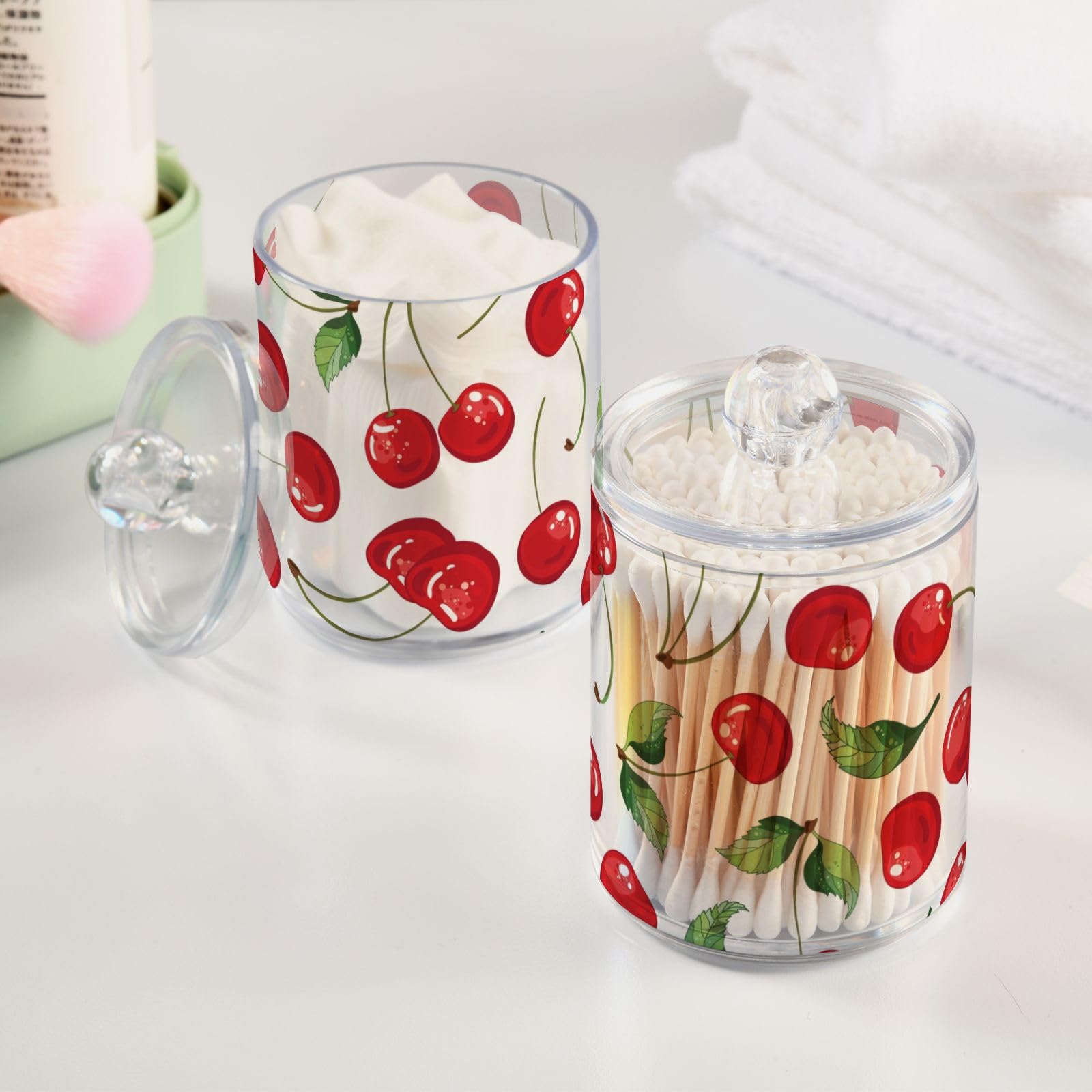 Jucciaco Cherry Fruits Canisters with Lids for Bathroom Vanity, Clear Plastic Jars Set of 2, for Cotton Balls, Cotton Pads, Qtips 4.13 x 2.75 in