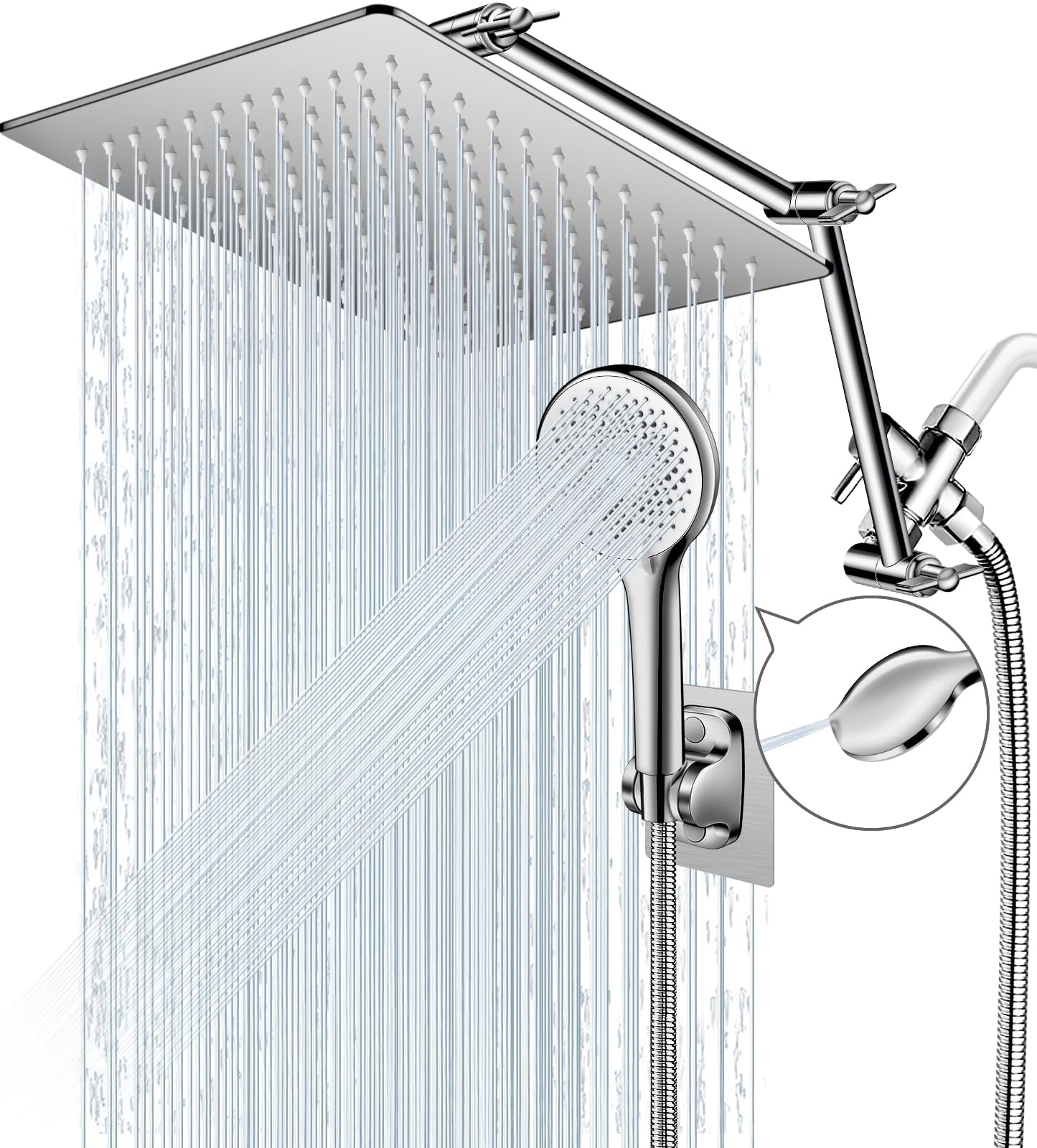 Dual Shower Head, 10'' High Pressure Rain Shower Head with 16'' Upgraded Adjustable Extension Arm, 3+1 Settings Handheld Spray,Built-in Power Wash,Retractable 60'' Shower Hose, 3-Way Diverter, Chrome
