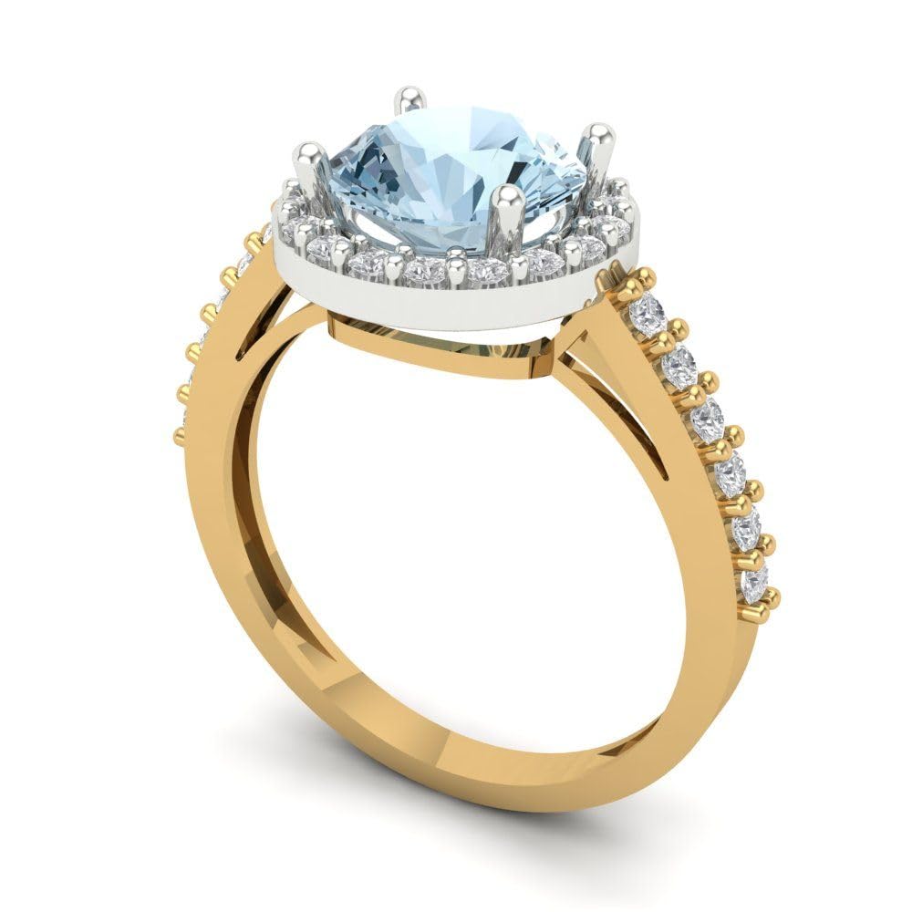 Clara Pucci 2.5 ct Round Cut Solitaire W/Accent Halo Natural Aquamarine Wedding Statement Bridal ring 18K Yellow & White Gold Size 11
