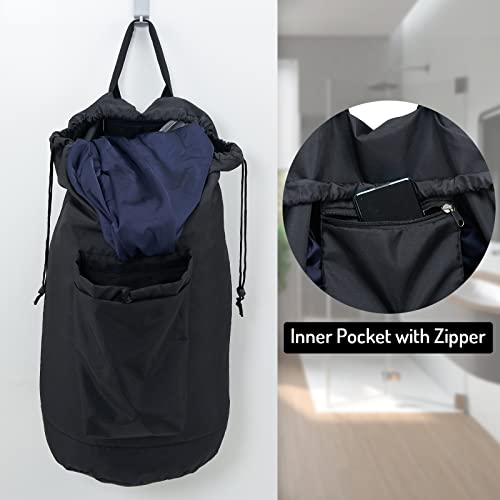 Laundry Bag Backpack for College, Large Laundry Bag with Detergent Holder and Adjustable Shoulder Straps, Durable Clothes Travel Laundry Backpack Hamper Bag Dorm Room Essentials (Black)