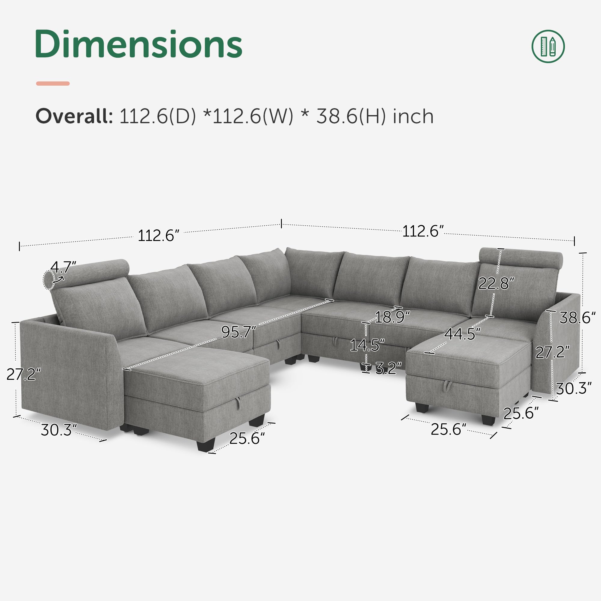 HONBAY Modular Sectional Sofa U Shaped Sectional Couch with Reversible Chaise Modular Sofa with Storage Seats, Grey