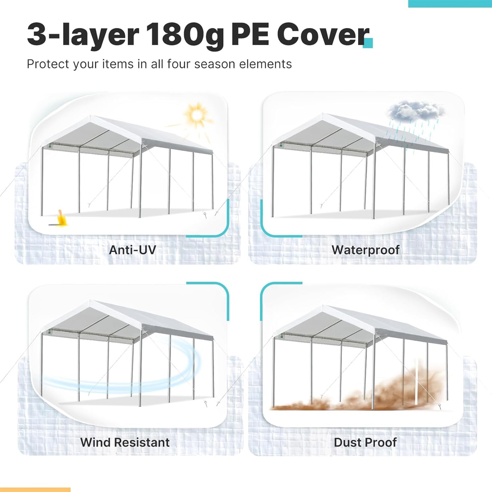 FORALEBEN Carport Replacement Canopy Cover for 12' x 20' Car Tent Top Garage Shelter Cover Tarp with Ball Bungees (Only Top Cover, Frame Not Include) White