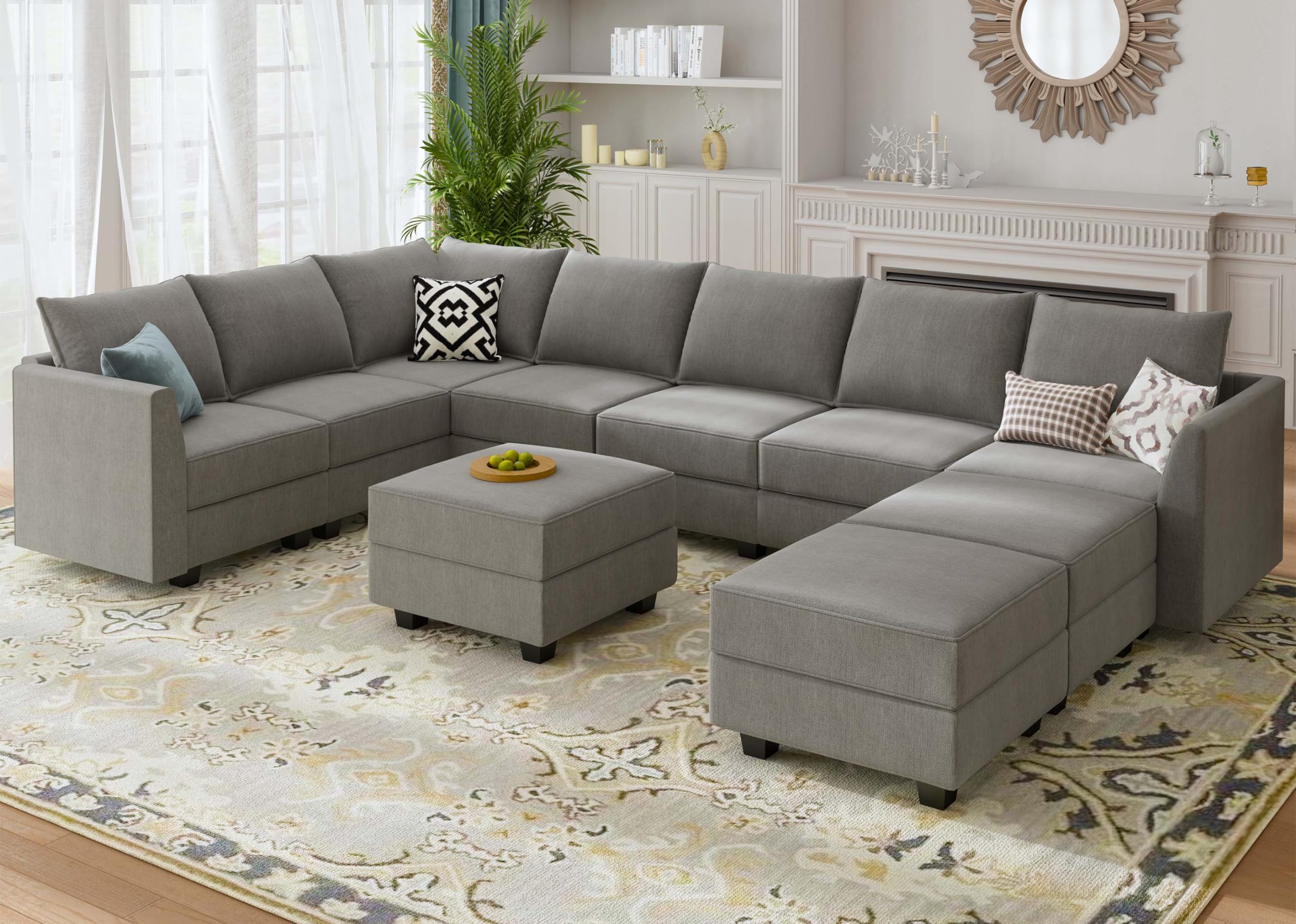 HONBAY Modular Sectional Sofa U-Shaped Sectional Couch with Storage Seats, Convertible Sectional Couch Modular Sofa, Grey