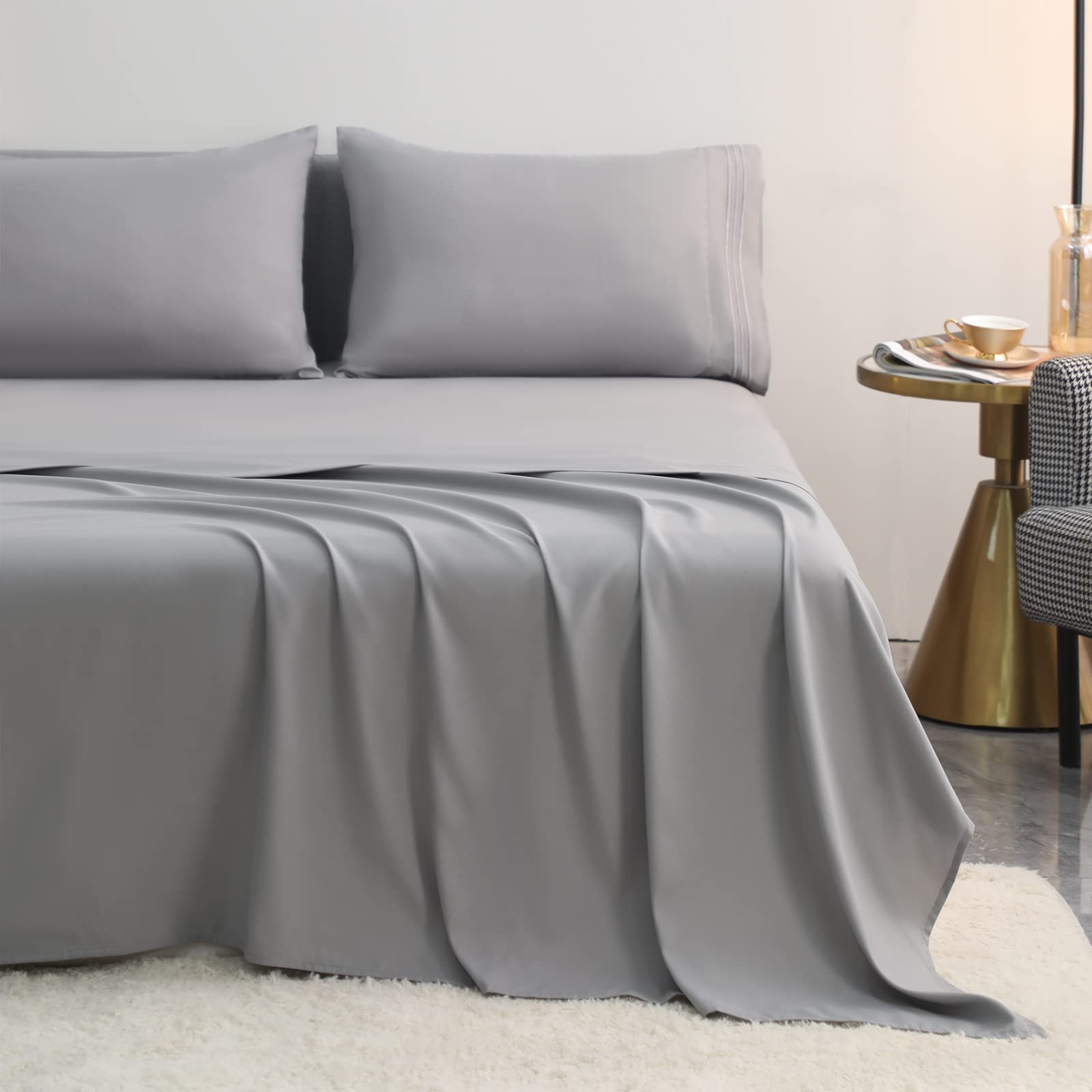 Cove Muse King Size Sheet Set 4 Piece Soft Microfiber 1800 Thread Count Bed Sheets King 16-Inch Deep Pocket King Sheets Fade Resistant & Machine Washable (King, Grey)