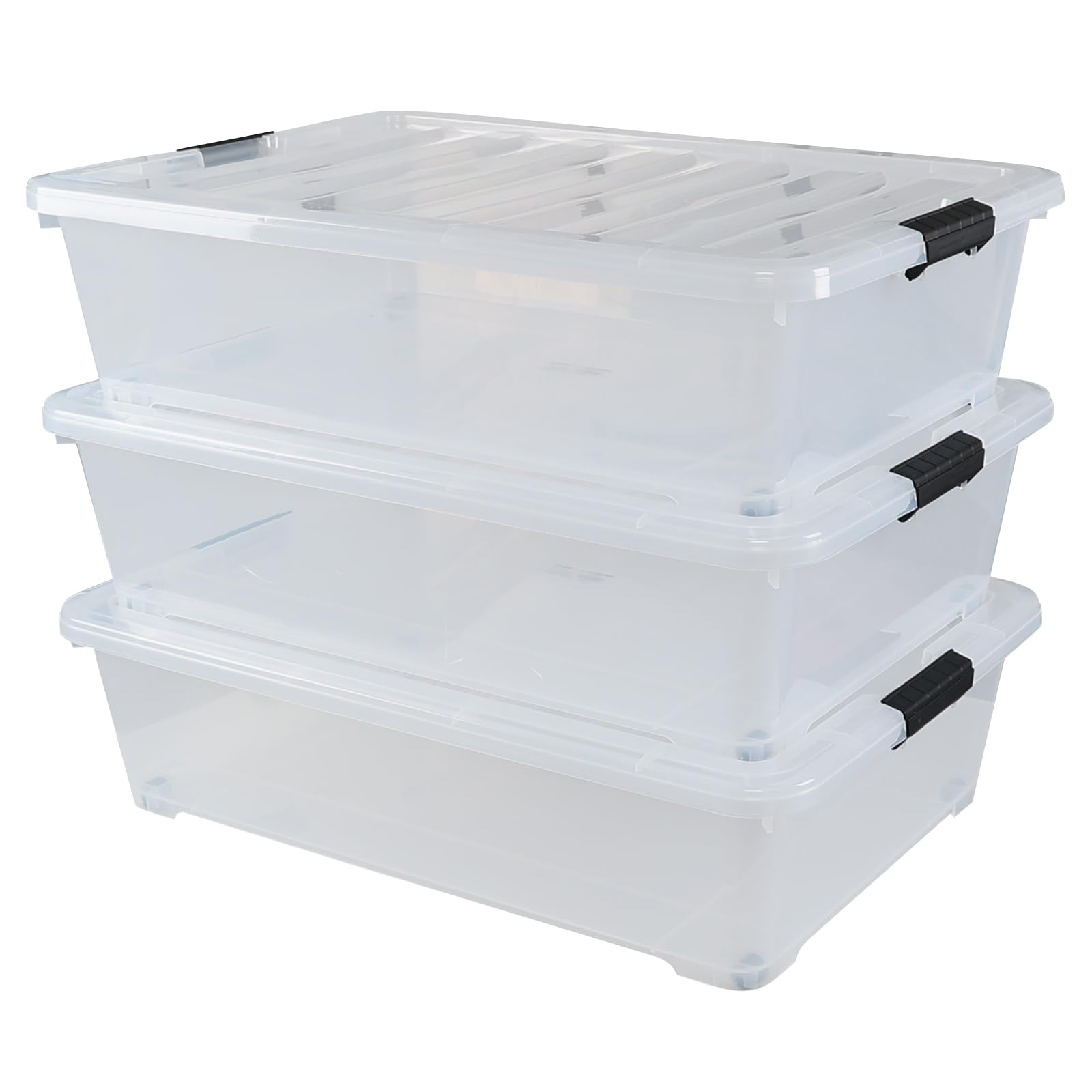 Hespama 3-Pack 50 Quart Plastic Underbed Storage Container Box, Large Clear Under Bed Storage Bins with Wheels