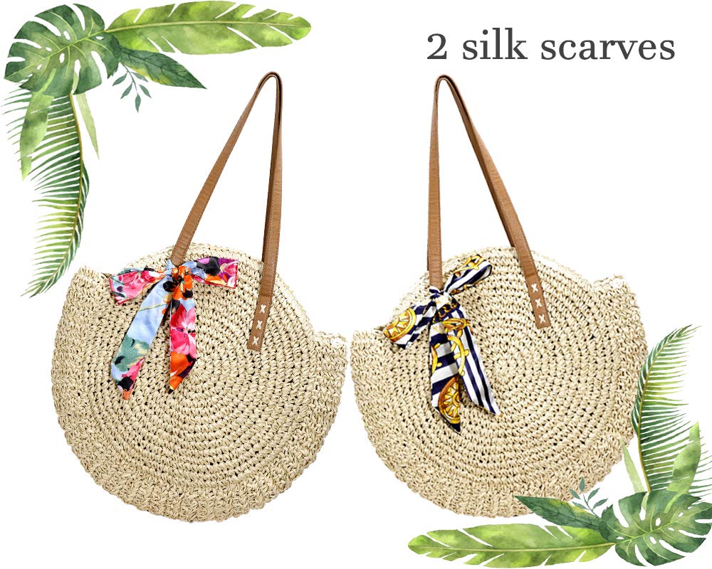 Straw Bag Round Summer Bag Large Woven Beach Bag Purse Shoulder Bag for Women Vacation Tote Handbags