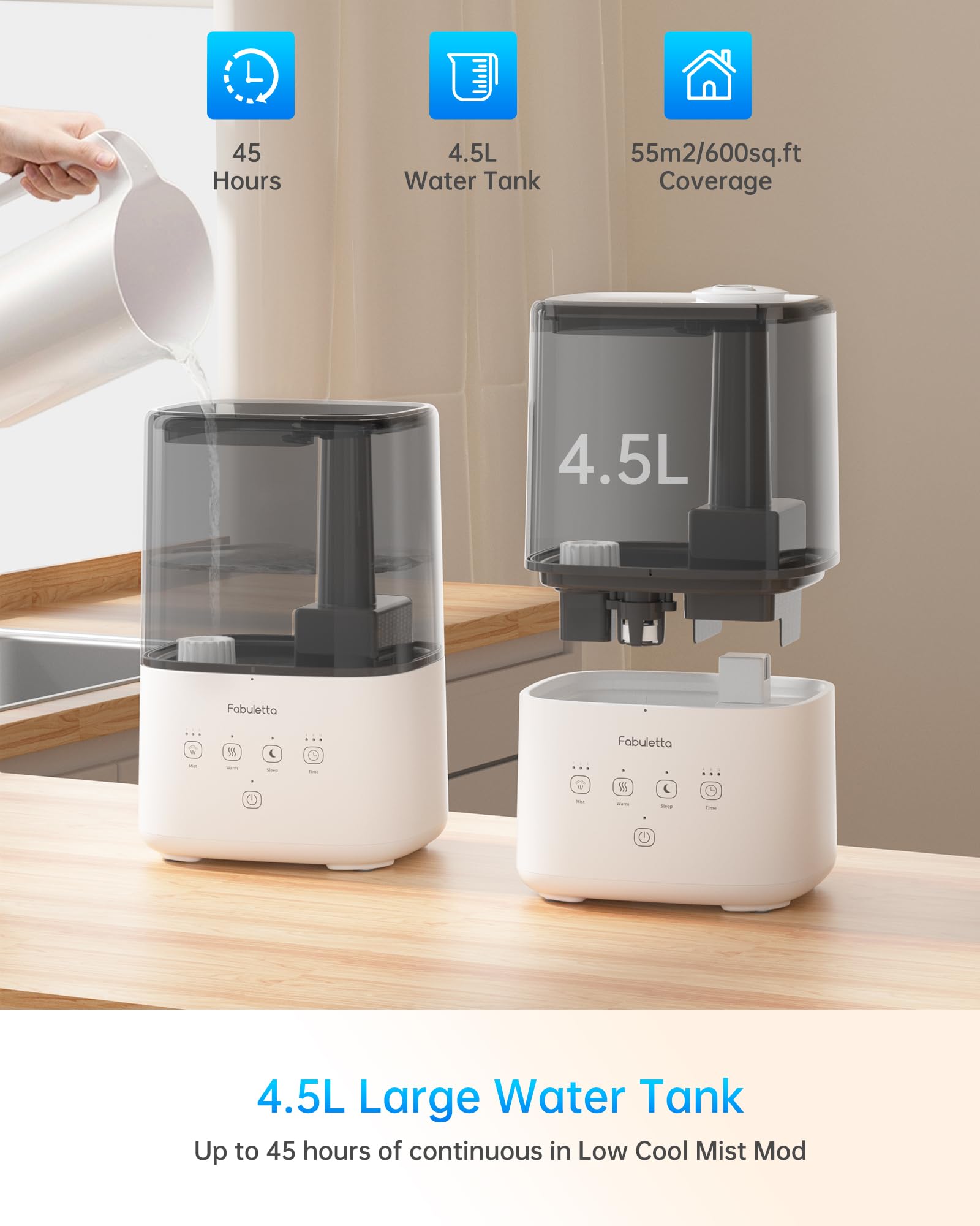 FABULETTA Humidifiers for Bedroom, Warm and Cool Mist Humidifier Large Room for Home, 4.5L Top Fill Room Humidifier with 45H Runtime, 3 Mist Levels, Essential Oil Diffuser, Quiet Sleep Mode & Timer