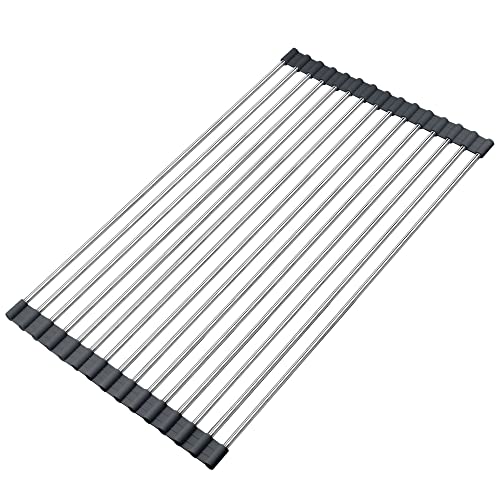 MGahyi Roll Up Dish Drying Rack, Over The Sink Drying Rack, Multipurpose 304 Stainless Steel Silicone Wrapped Steel Roll-Up , Folding Dish Rack for Kitchen Sink (Black, 17.3" x 10.2")