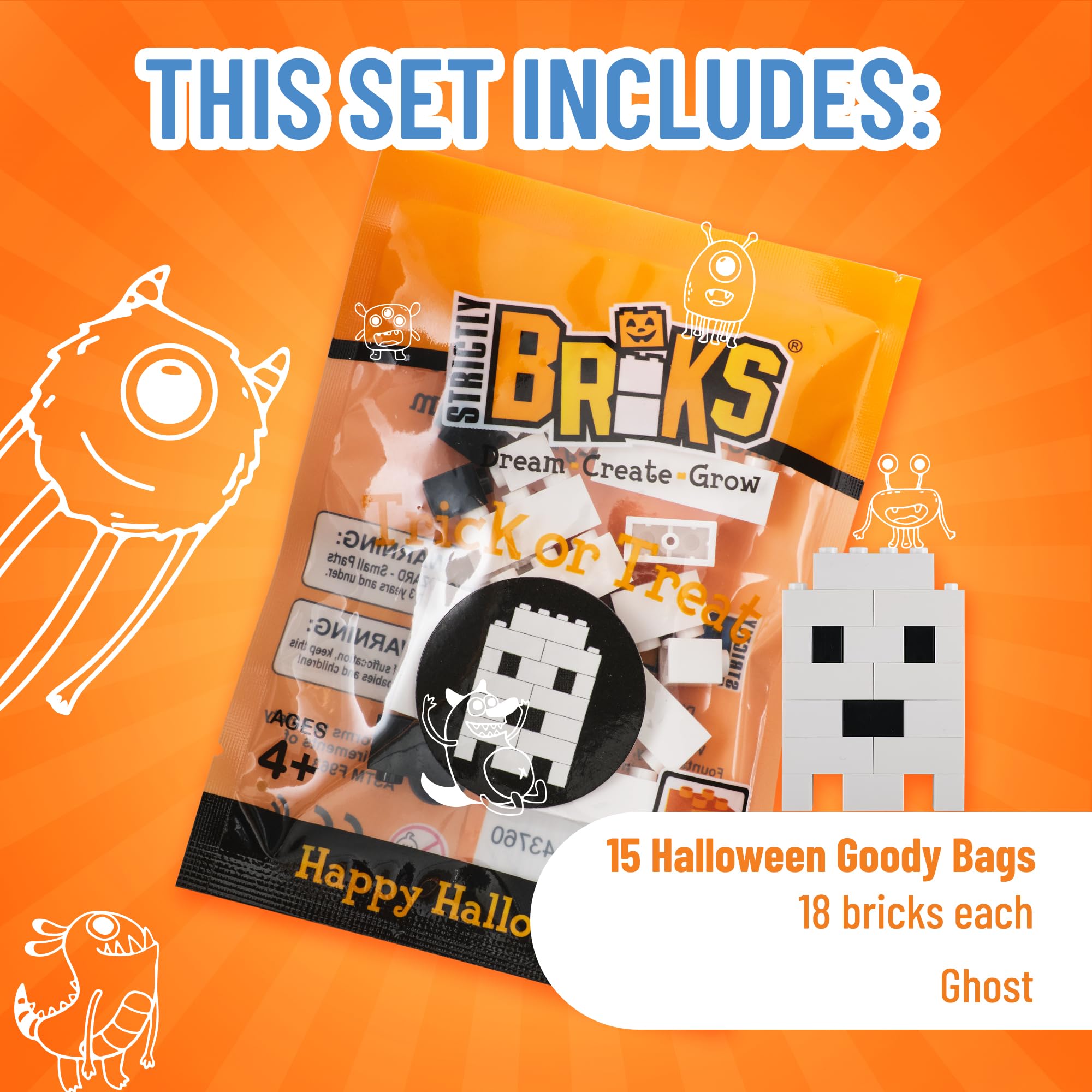 Strictly Briks Compatible with Lego Toy Building Block, Halloween Ghost Bricks, 15 Trick or Treat Goody Bags, 18 Pieces per Pack, 100% Compatible with All Major Brands, for Kids Ages 4+