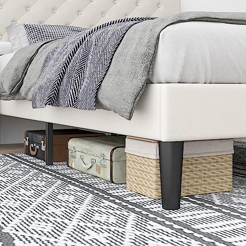 HOMBCK Twin Bed Frame, Upholstered Bed Frane Twin with Button Tufted Headboard, Linen Fabric Modern Bed Frame, Sturdy Wood Slat Support, No Box Spring Needed, Beige
