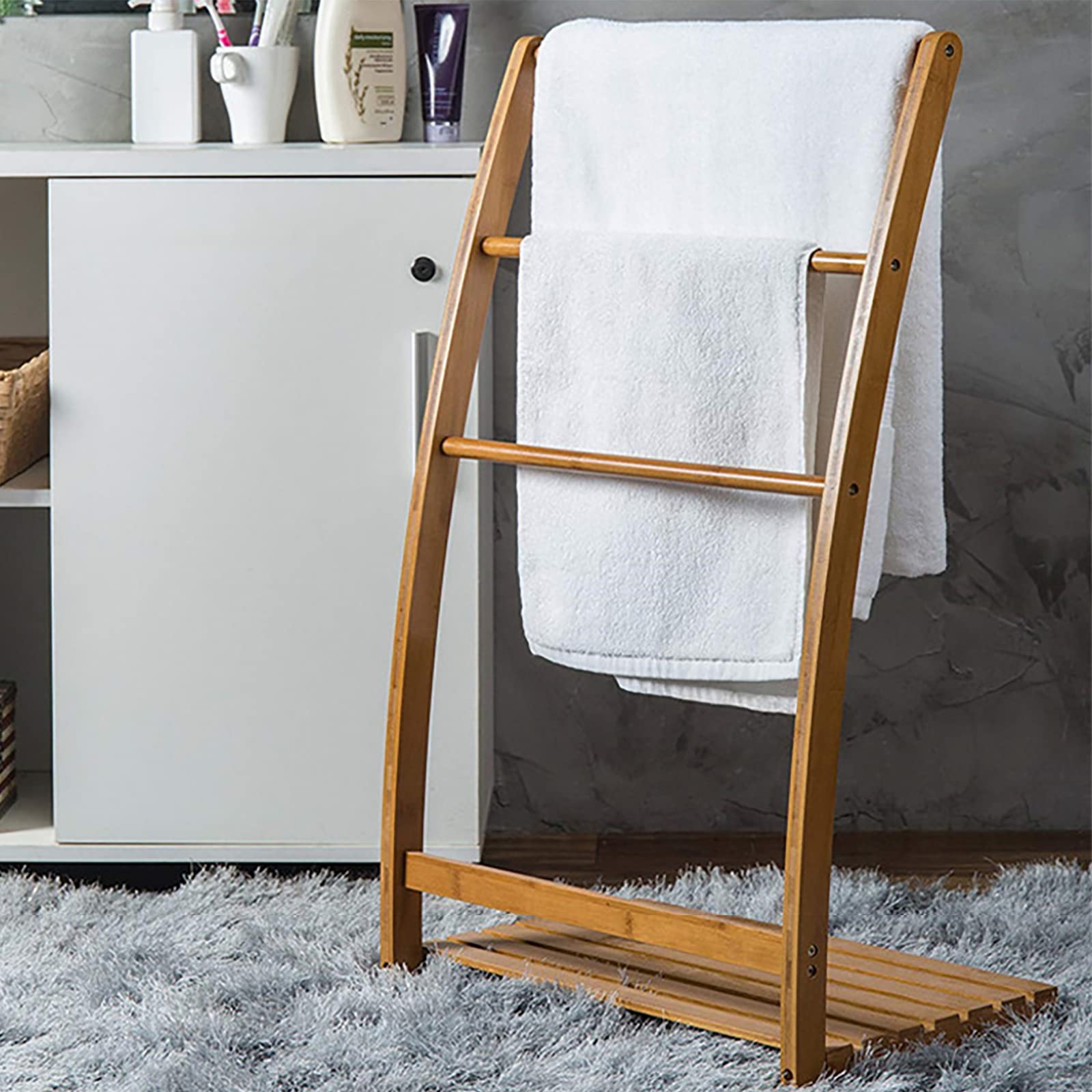 Free Standing Towel Rack, Bamboo Freestanding Towel Rack for Bathroom with Bottom Storage Shelf, Blanket Drying Display Rack for Bathroom, Living Room