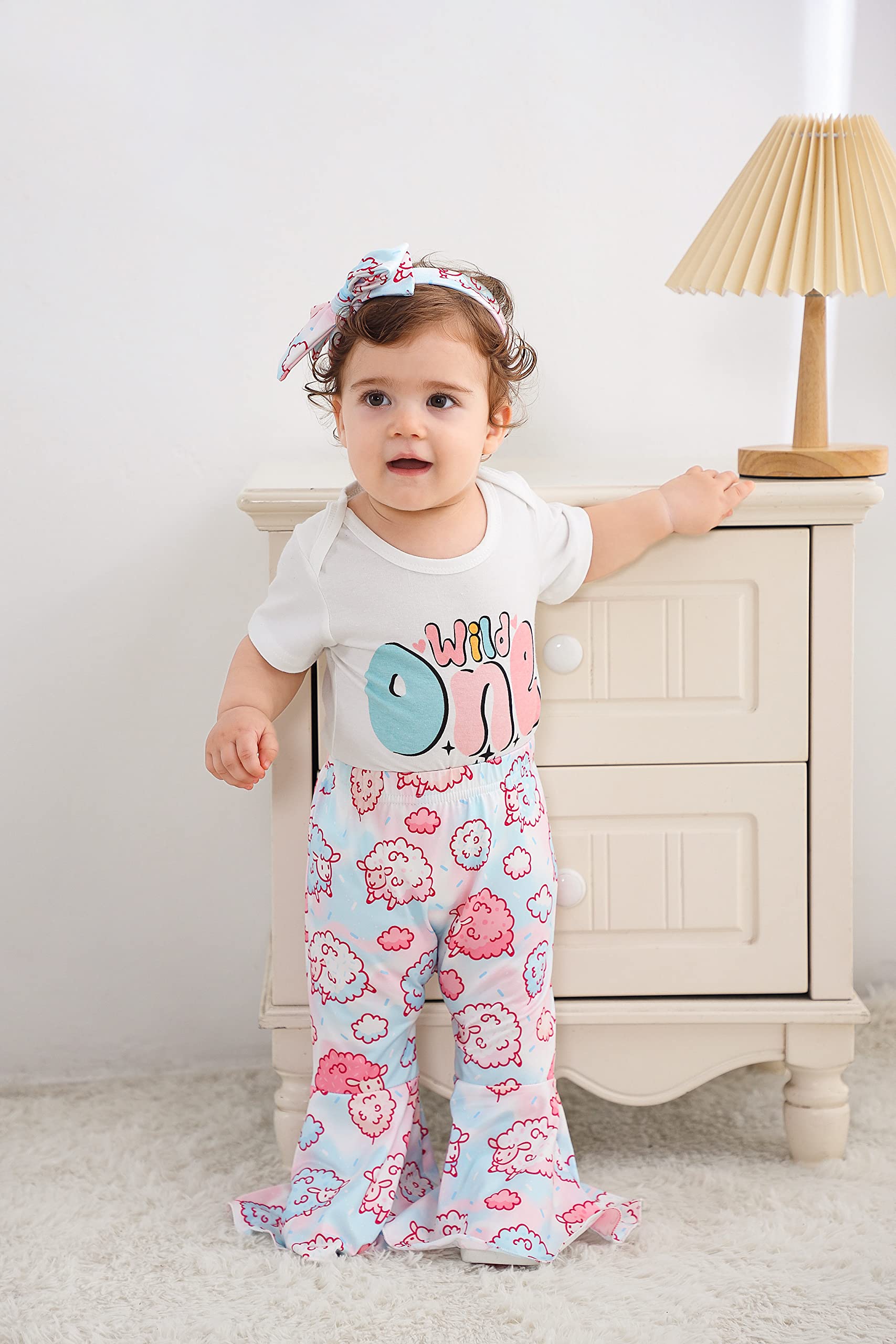 Cacacece Newborn Baby Girl Outfits Clothes Infant Short Sleeve Romper Flared Pants Headband Set 3pcs 6-12 Months