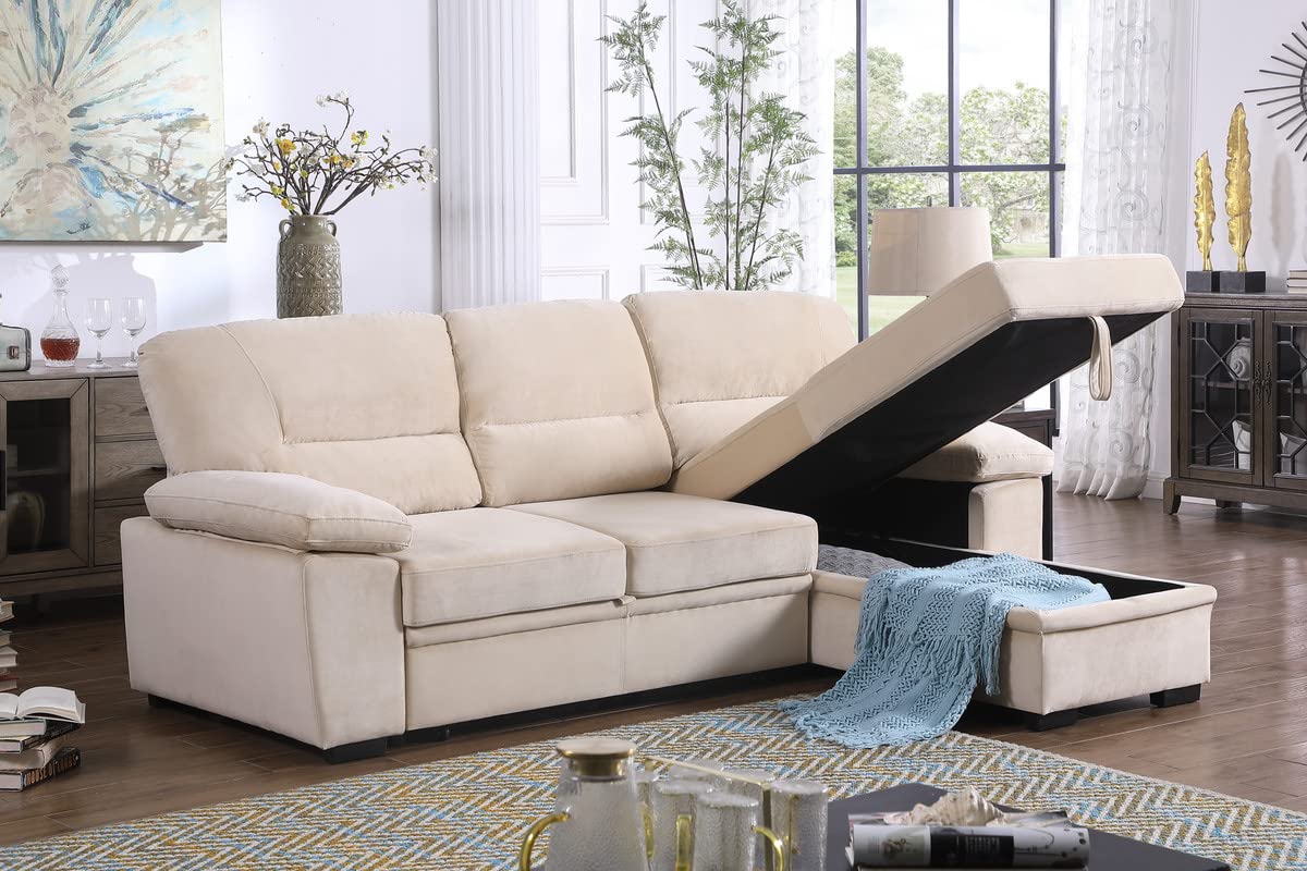 Favfurish 96" Microfiber Reversible Sleeper Sectional Sofa with Chaise and Storage, L-Shaped Couch with Pull-Out Bed and Nailhead Trim for Living Room, Apartment, Office,Saddle, Brown-1