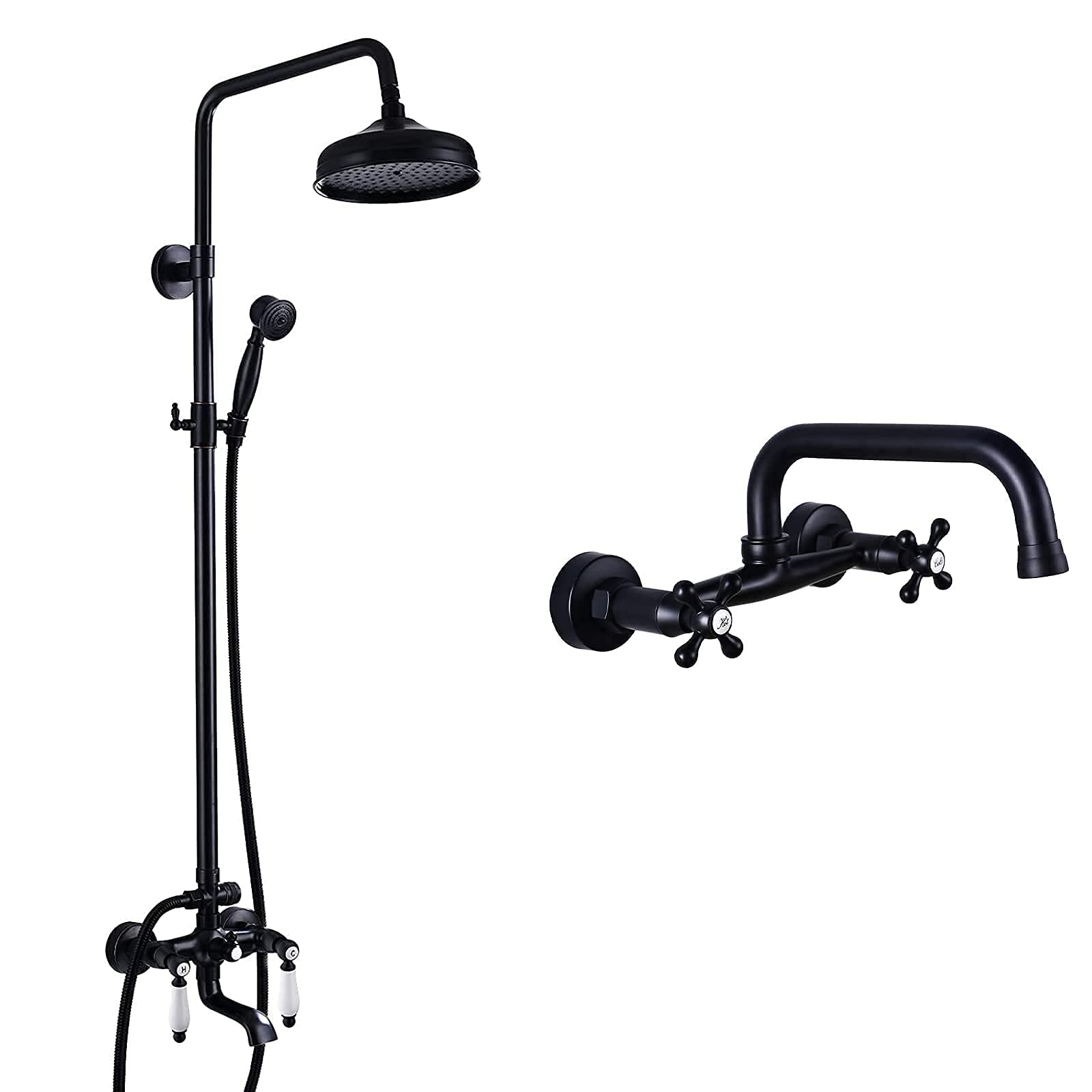 Oil Rubbed Bronze 8’’ Shower Faucet 2 Lever Handle Bathtub Spout 3 Function Bathroom Wall Mount Kitchen Faucet 8’’ Center 9’’ Spout Reach 2 Cross Handle Victorian Kitchen Sink Faucets