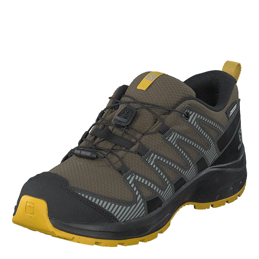 Salomon Kid's XA PRO V8 CLIMASALOMON Waterproof Trail Running Shoes, Olive Night/Black/Sulphur, 5 Big Kid