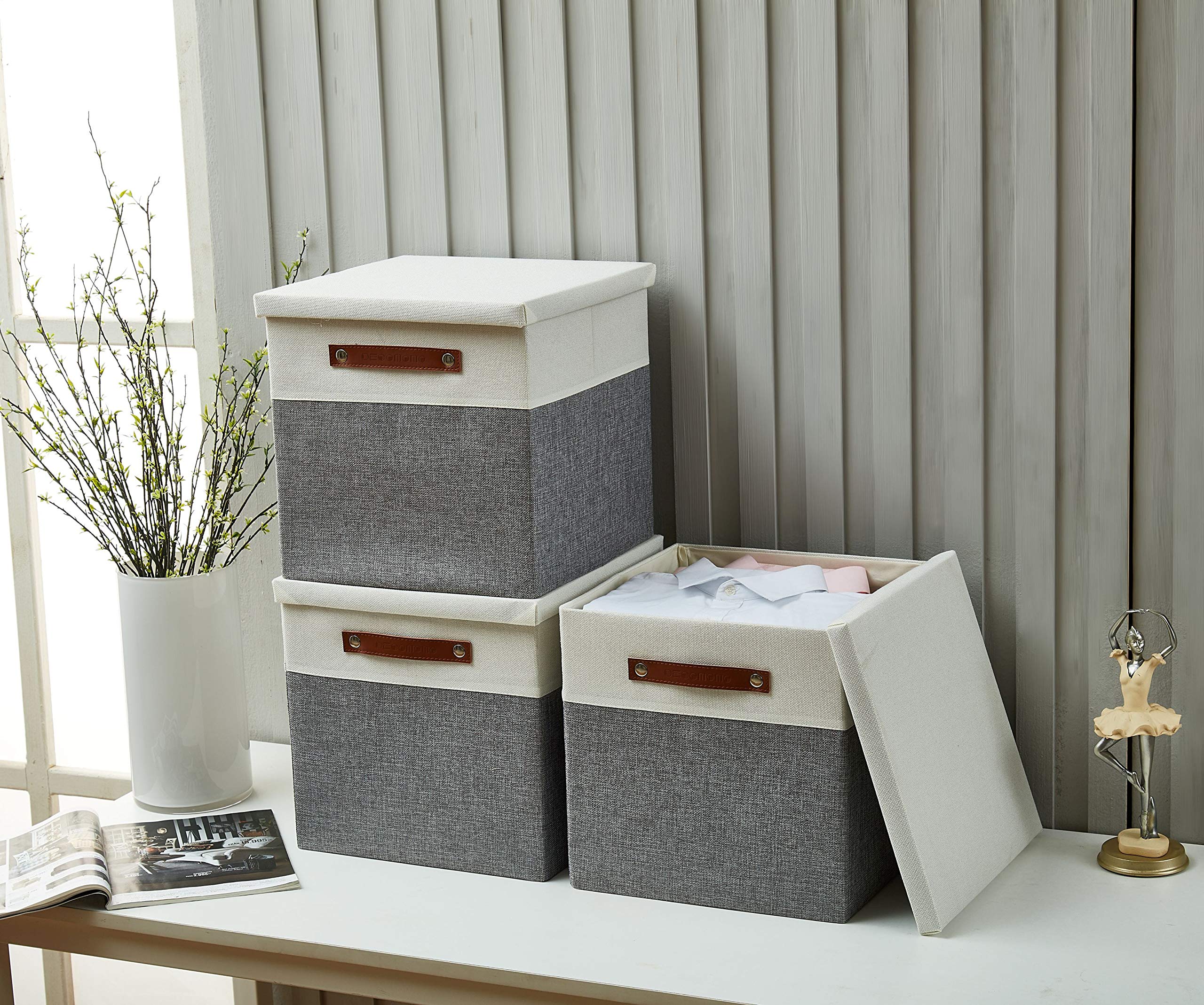DECOMOMO Storage Cubes with Lid [3-Pack] Large Storage Box, Stackable Storage Bin With Dual Handles for Organizing Toys Books Shelves Office Nursery (Grey and White, 11 x 11 x 11 inch)