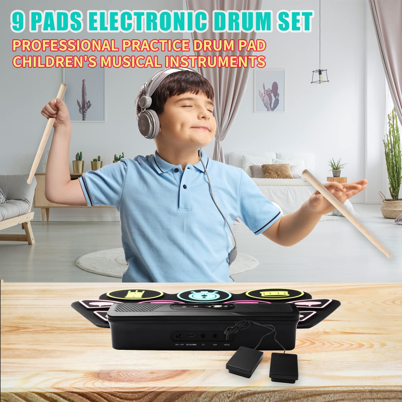 Electronic Drum Set for Kids 9 Drum Pad Portable Electronic Drum kit Beginner Practice Drum Set, Roll Up Drum Set with Speaker, Pedals and Sticks, Child's musical instrument