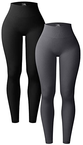 OQQ Women's 2 Piece Yoga Legging Ribbed Seamless Workout High Waist Athletic Pant, Black Darkgrey, Small