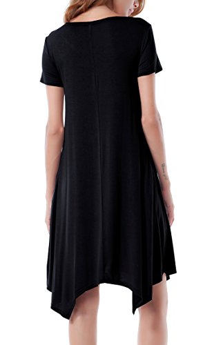 Invug Women Casual Loose Soft Crewneck Short Sleeve Pockets Swing T-Shirt Zigzag Hem Dress Black L