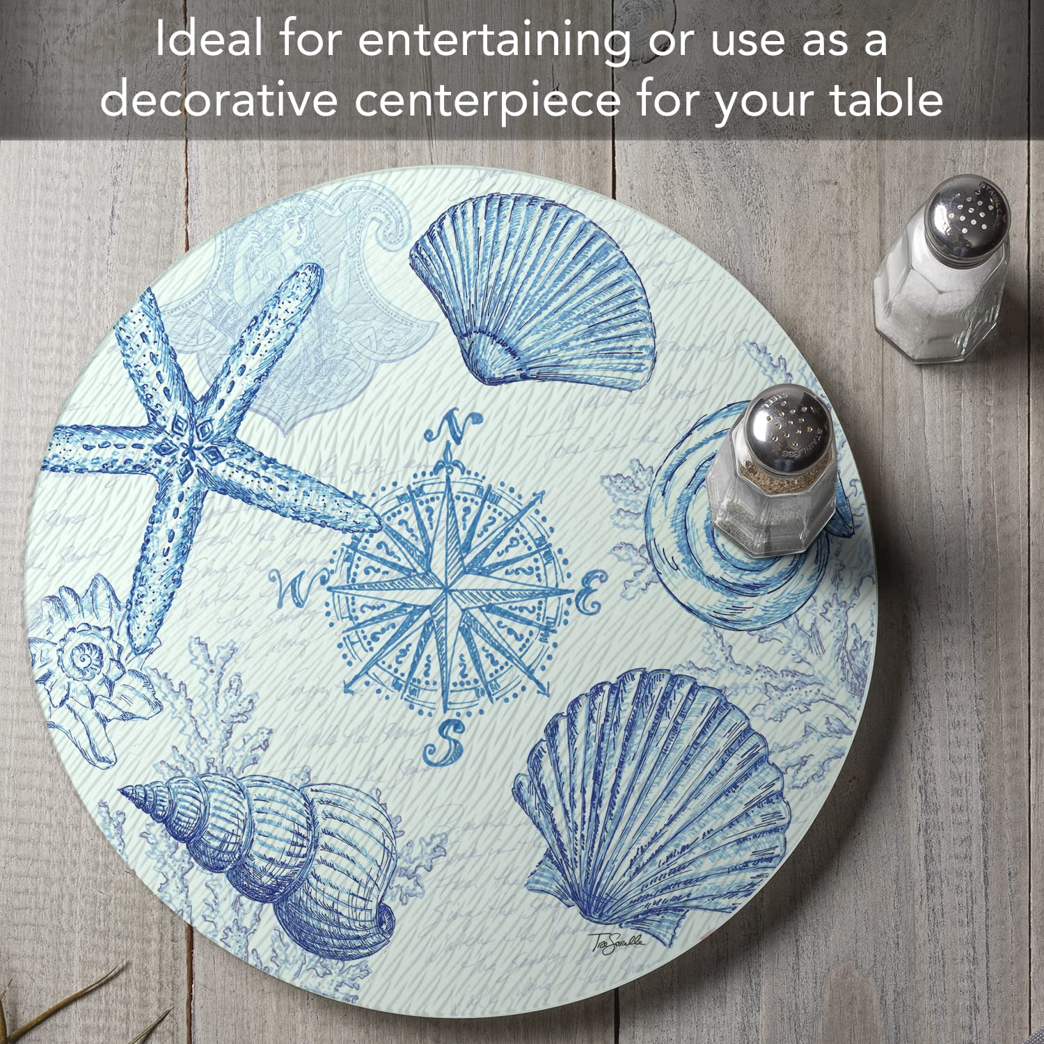 CounterArt Coastal Sketch 4mm Heat Tolerant Tempered Glass Lazy Susan Turntable 13" Diameter Cake Plate Condiment Caddy Pizza Server