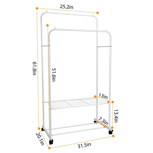 Moclever Rolling Clothes Racks For Hanging Clothes, Garment Rolling Rack With Wheels Double Rails Clothes Rack Rolling Rack For Indoor Bedroom Clothes Rack