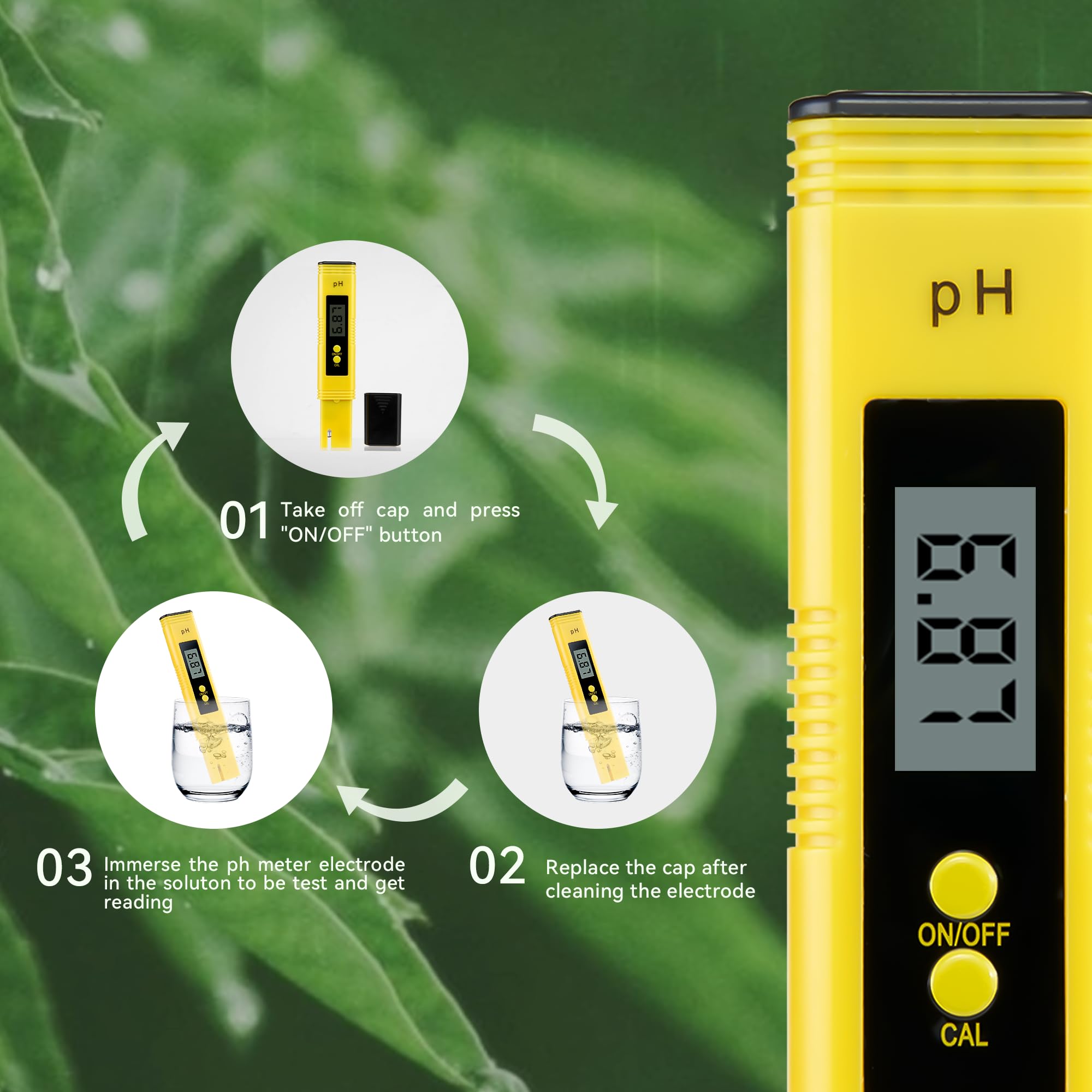 HEYAXA Digital PH Meter for Water, 0.01 PH High Accuracy Pen Type PH Tester for Household Drinking Water, Aquariums, Swimming Pools, PH Range 0-14(Yellow)