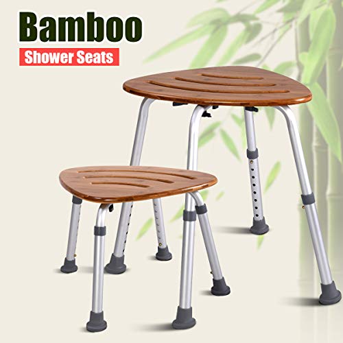 Goplus Bamboo Bath Seat, Waterproof Bathroom Shower Seat,Spa Massage Chair, Triangular Fanshaped with Slip-Resistant Rubber Bathroom Organizer, Weight Capacity: 350 Lbs
