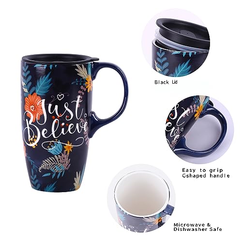 DUSVALLY Ceramic Travel Mug with Handle, Splash-Resistant Slider Lid, Ceramic Coffee Mug for Office and Home, Microwave & Dishwasher Safe, Just Believe Flower