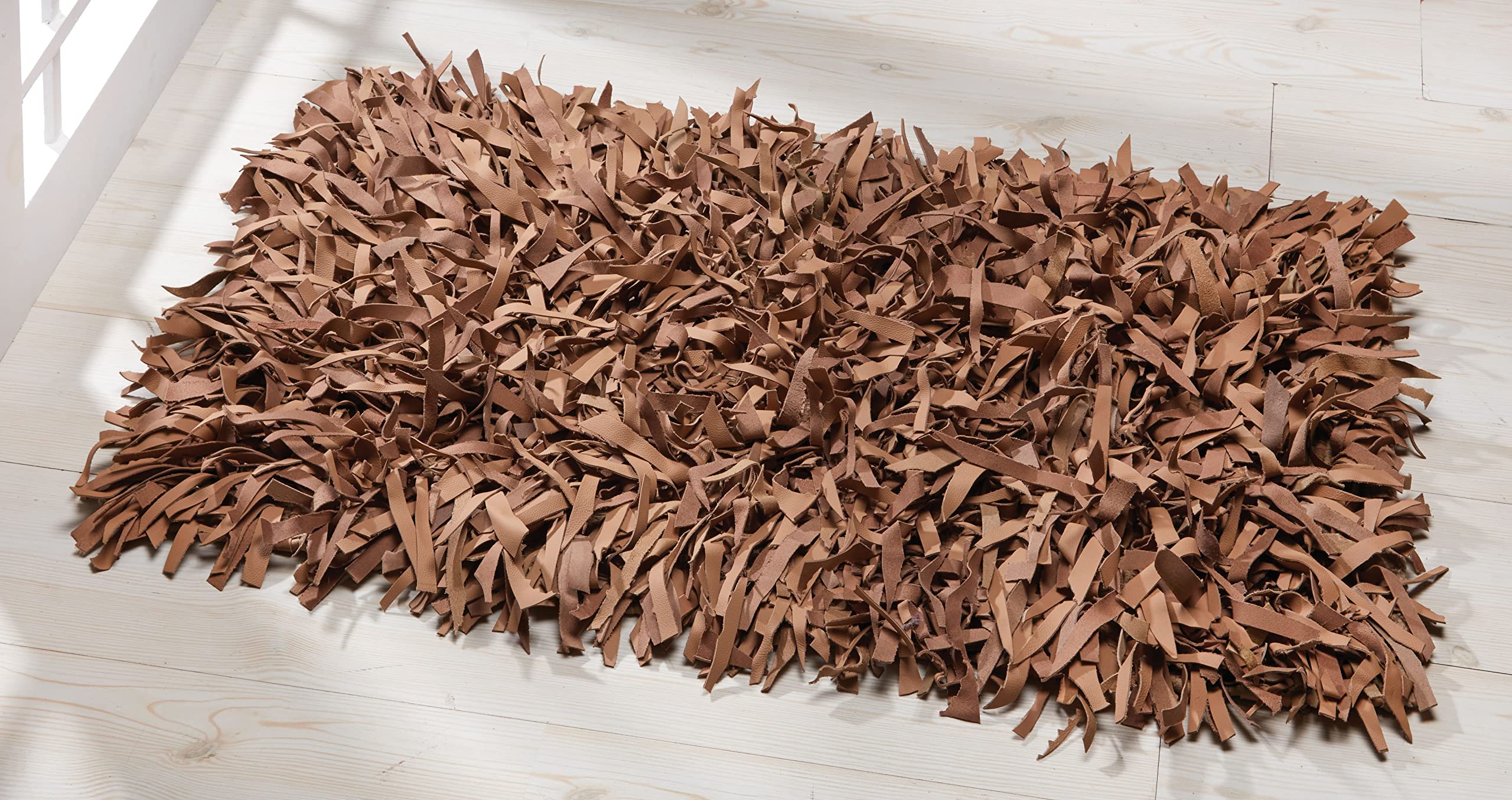 HF by LT Handwoven Leather Shag Rug - 23" x 35", Pecan Brown, Durable and Stylish Modern Leather Accent Rug for Entryway, Living Room, or Bedroom Decor