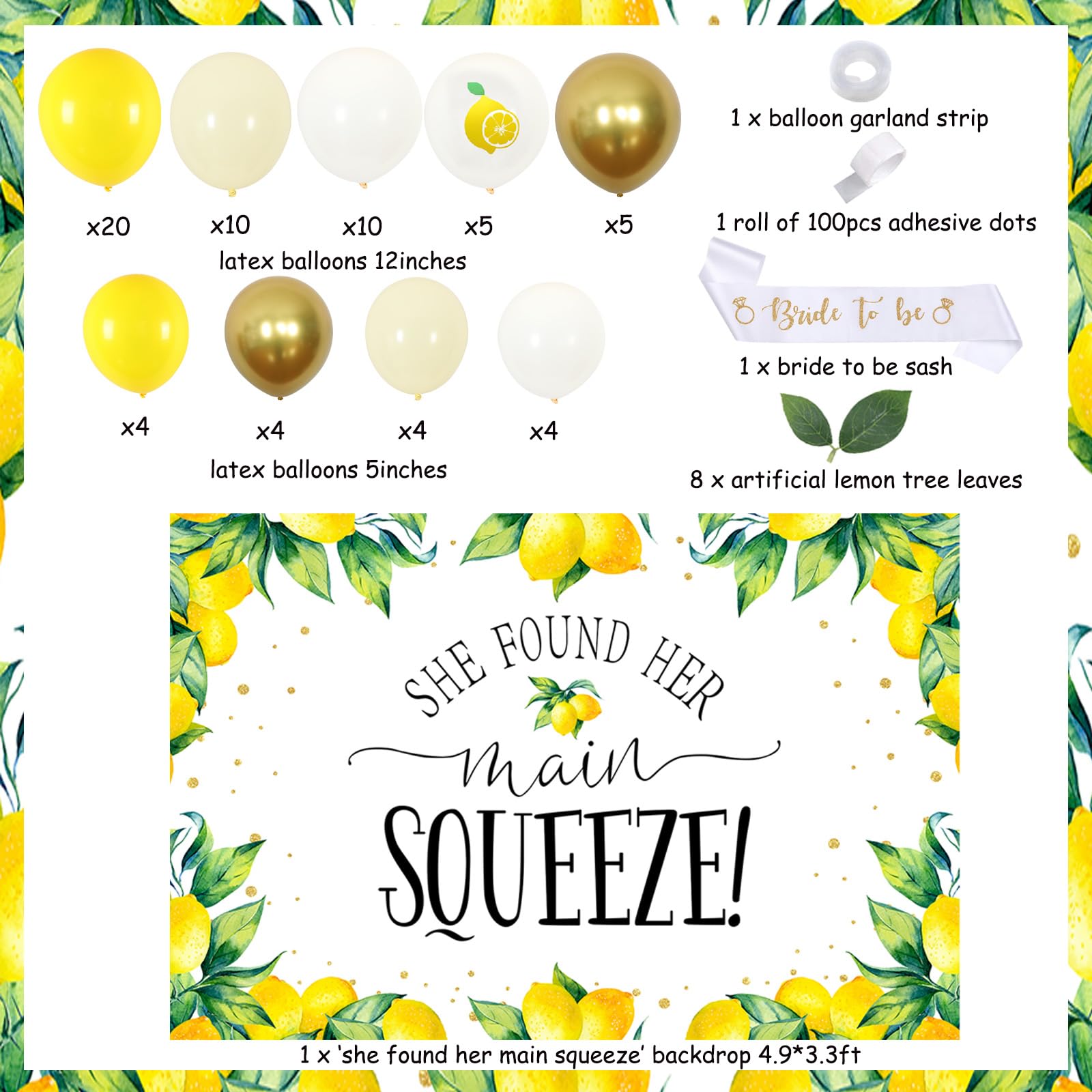 Lemon Bridal Shower Decorations, Yellow and White Balloons Garland Kit She Found Her Main Squeeze Backdrop Bride To Be Sash Artificial Tree Leaves for Lemon Wedding Engagement