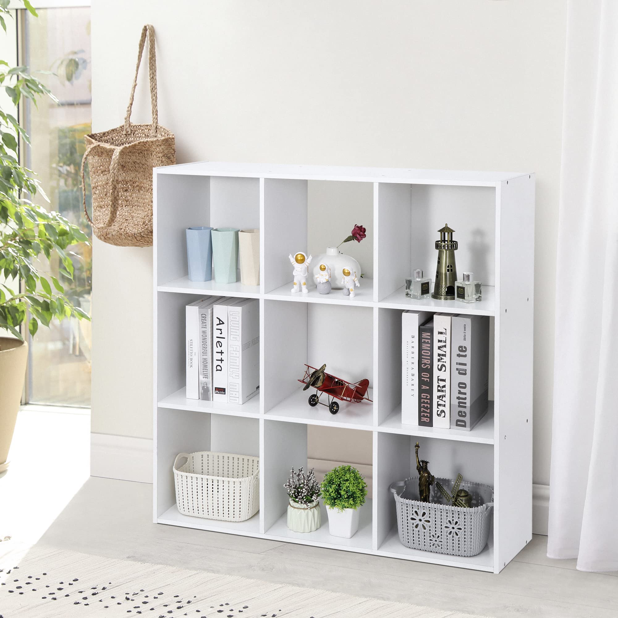 LEMY 9-Cube Storage Organizer Bookshelf, Wooden Open Display Bookcase with Removable Back Panels for Bedroom, Living Room, Office, White