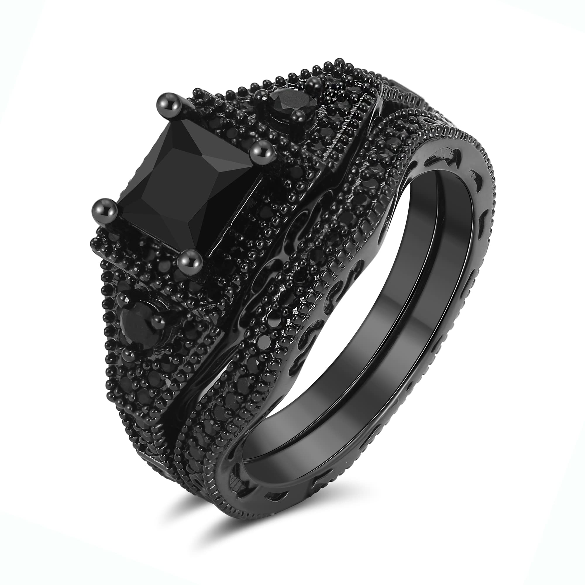 Danielle Wedding Ring Set for Women by Ginger Lyne - Black Plated Engagement Ring for Women - Black Purple Pink or Blue Cubic Zirconia Wedding Band Gothic Birthstone Bridal Jewelry Size 7
