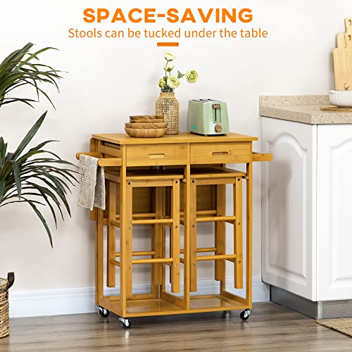 HOMCOM Foldable Dining Table Set with 2 Square Stools and 2 Drawers, Bamboo Drop Leaf Breakfast Cart, Mobile Kitchen Island Trolley Cart on Wheels, Brown