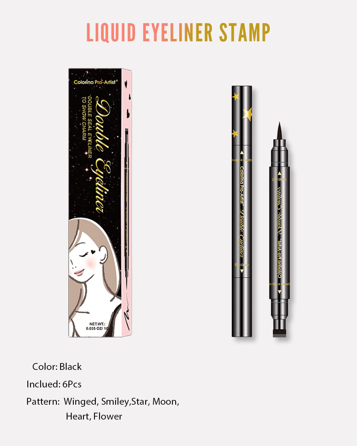 Enfuntins 6 Pcs Eyeliner Stamp, Black Double-Ended Liquid Eye Liner Pen Waterproof Long-Lasting SmudgeProof Tattoo Eye Makeup Set Winged, Smiley, Star, Moon, Heart, Flower