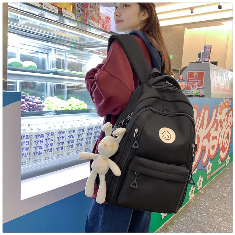 MININAI Preppy Backpack with Cute Pendant Women Smile Face Laptop Backpack Kawaii Lightweight Aesthetic College Backpack (Black,One Size)