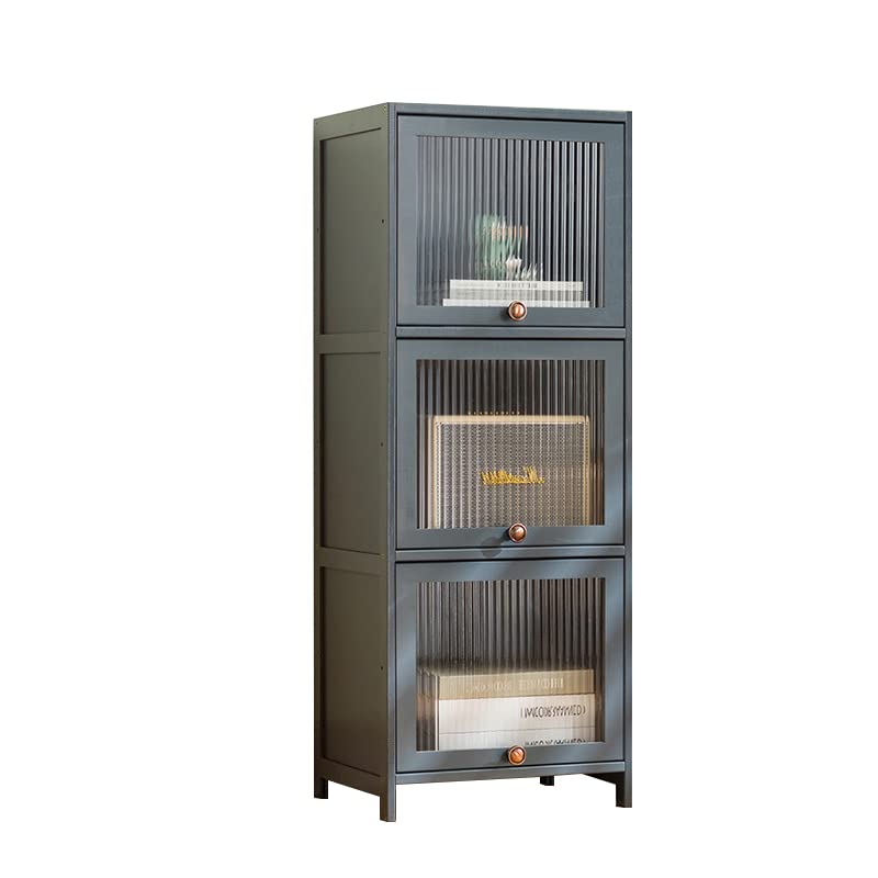 IOTXY Small Narrow Shelf Bookcase - 3-Tier Bamboo Corner Bookshelf with Moru Acrylic Doors, Freestanding Tall Skinny Storage Organizer Rack, for Living Room, Kitchen, Bedroom, Gray, 15.7" W
