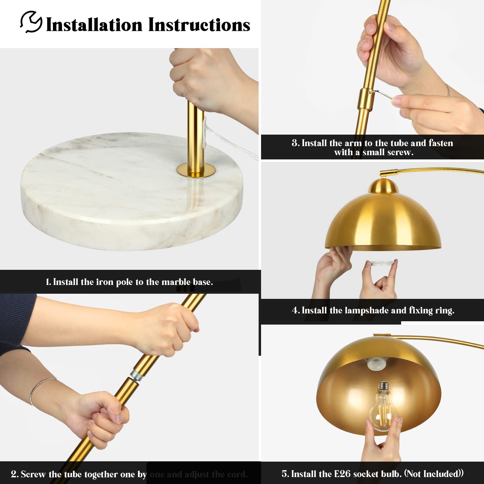Contemporary Gold 73" Arc Floor Lamp with Hanging Dome Shade, Marble Base Adjustable Farmhouse Over The Couch Tall Stand Up Light, Industrial Task/Reading Standing Corner Lamp for Living Room Bedroom