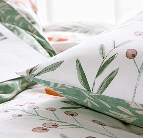 SLEEPBELLA Duvet Cover King, 600 Thread Count Cotton 3pcs Bedding Set Yellow Flowers and Green Branches Printed on White Reversible Comforter Cover