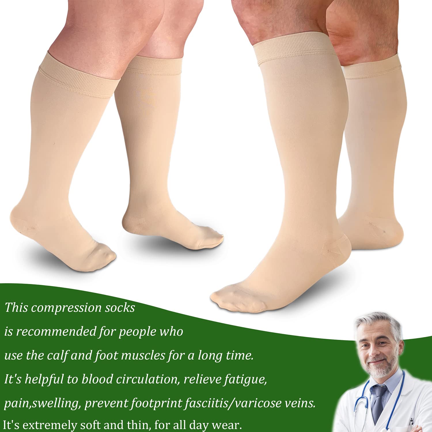 Eleven Direction 2 Pairs Knee-High Compression Socks for Women & Men,20-30 mmHg Support Circulation Best Comfort Socks Beige-L