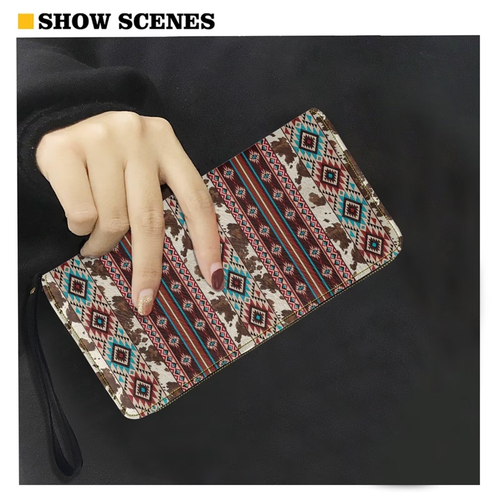 Wanyint Women Wallet with Wristlet Strap Aztec Native American Navajo Southwest Indian Tribal Stripe Print RFID Blocking Handbag Purse Leather Clutch Bag for Lady