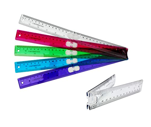 LADYBEE7LES 12" Plastic Folded Rulers Assorted Color 5pcs Pack, Foldable, Portable Easy to Carry, Durable Printing in Inch and Metric Scale, Pefect Measuring and Drawing Tools